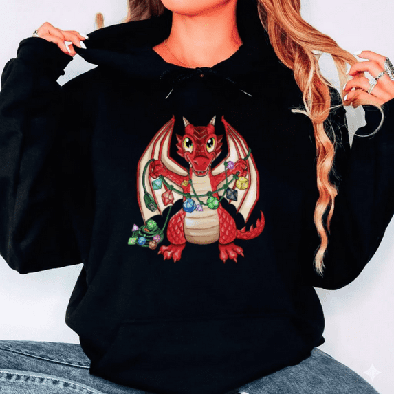 Fantasy Dragon Holding Dice With Lights Festive Holiday Art Hoodie ...