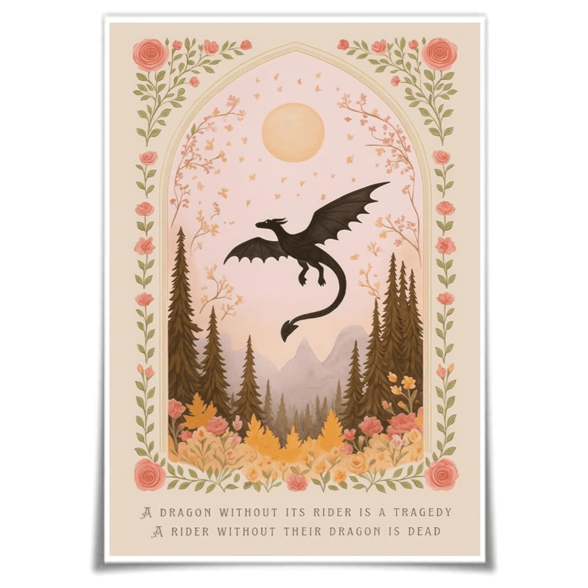 Fantasy Dragon Illustration Unframed Poster, Floral Fall Wall Art Print ...