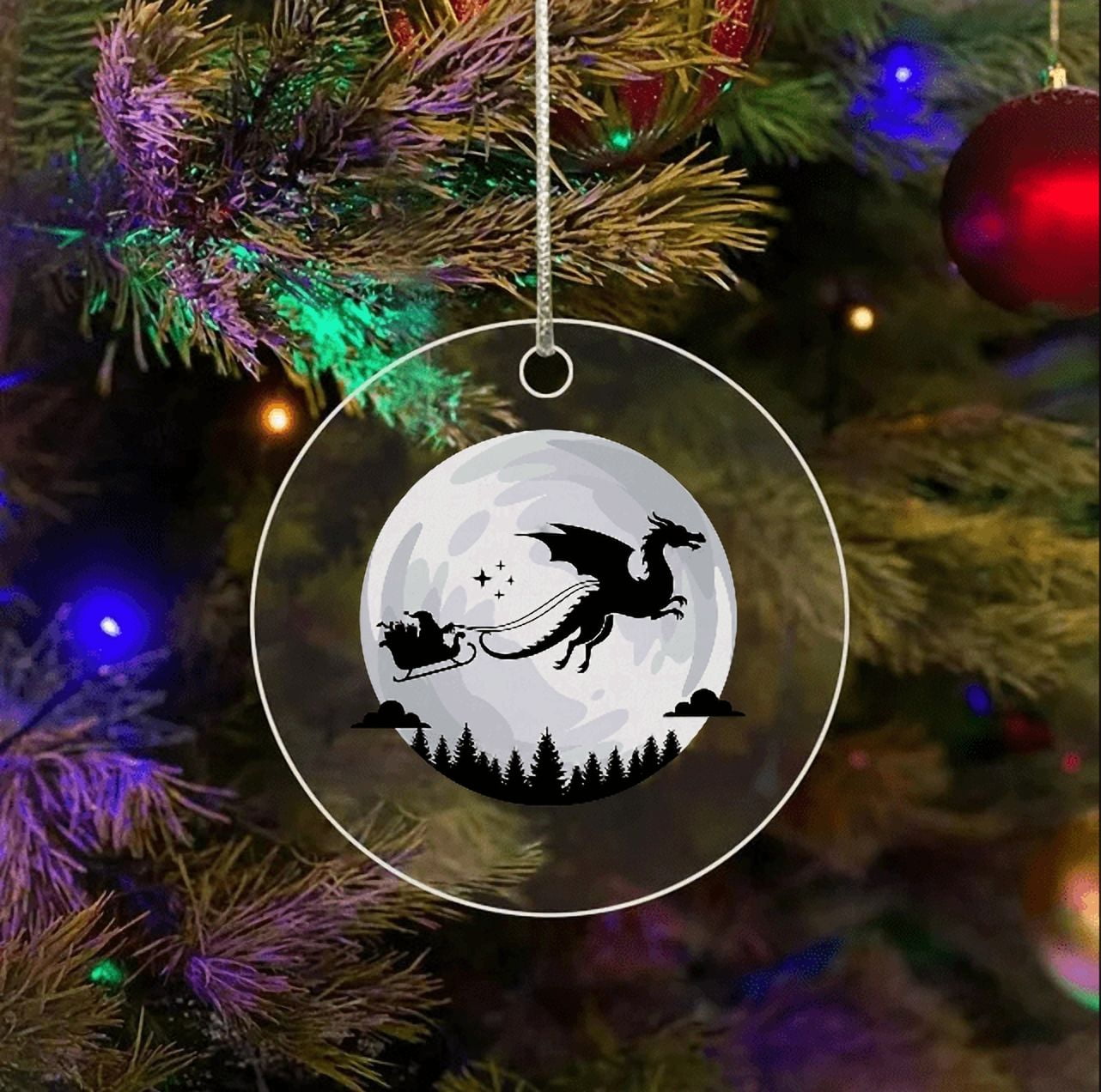 Fantasy Dragon Moon Sleigh, Santa Pulled By Dragon Silhouet Ornament ...