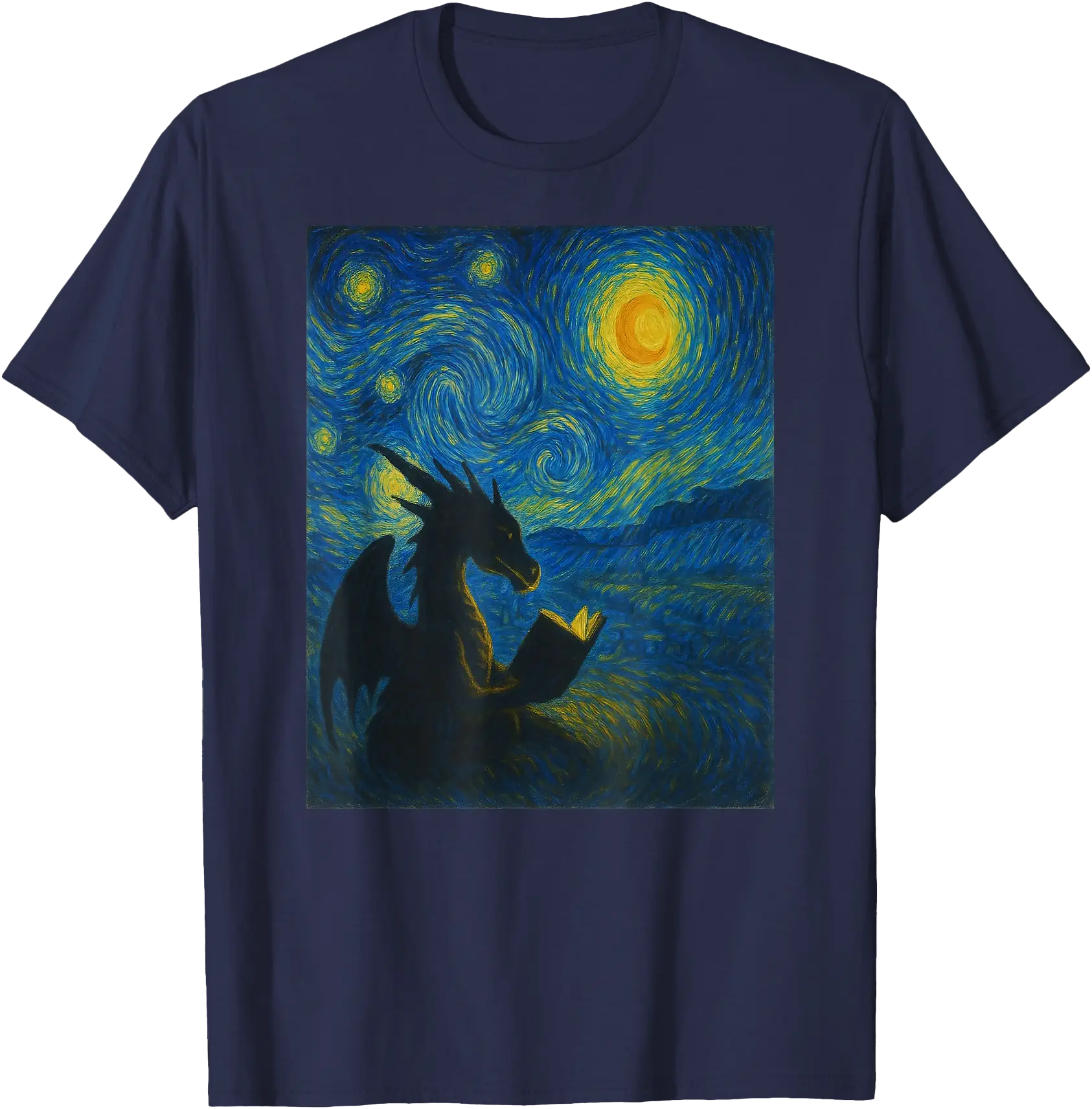 Fantasy Dragon Reading Book T-Shirt for Art Lovers Under Starry Night ...