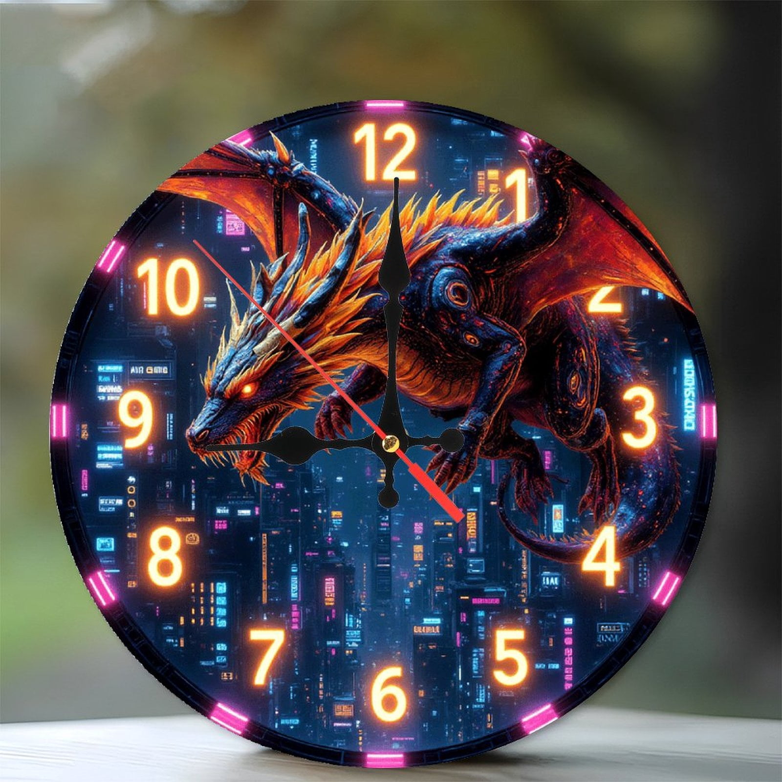 Fantasy Dragon Wall Clock Neon City Design 10-Inch Silent Wooden Wall ...