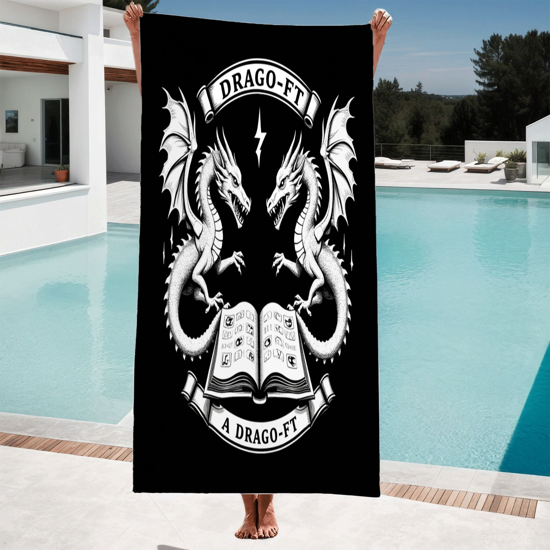 Fantasy Dragons Design Beach Towel - Intertwined Dragons with Open Book ...