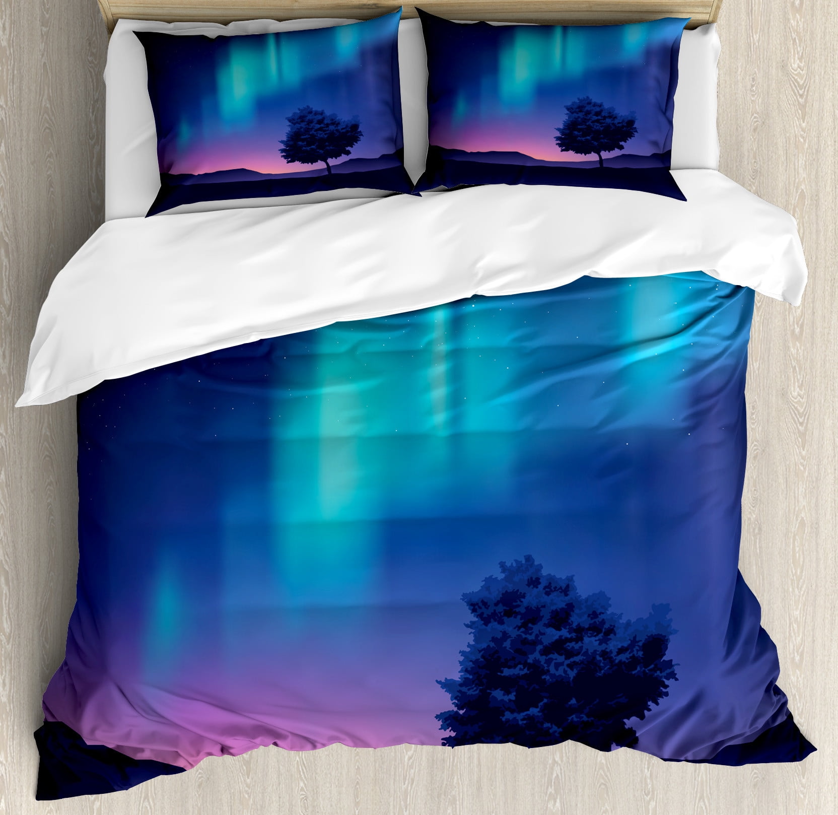 Fantasy Duvet Cover Set, Aurora Borealis with a Tree in Arctic Region ...