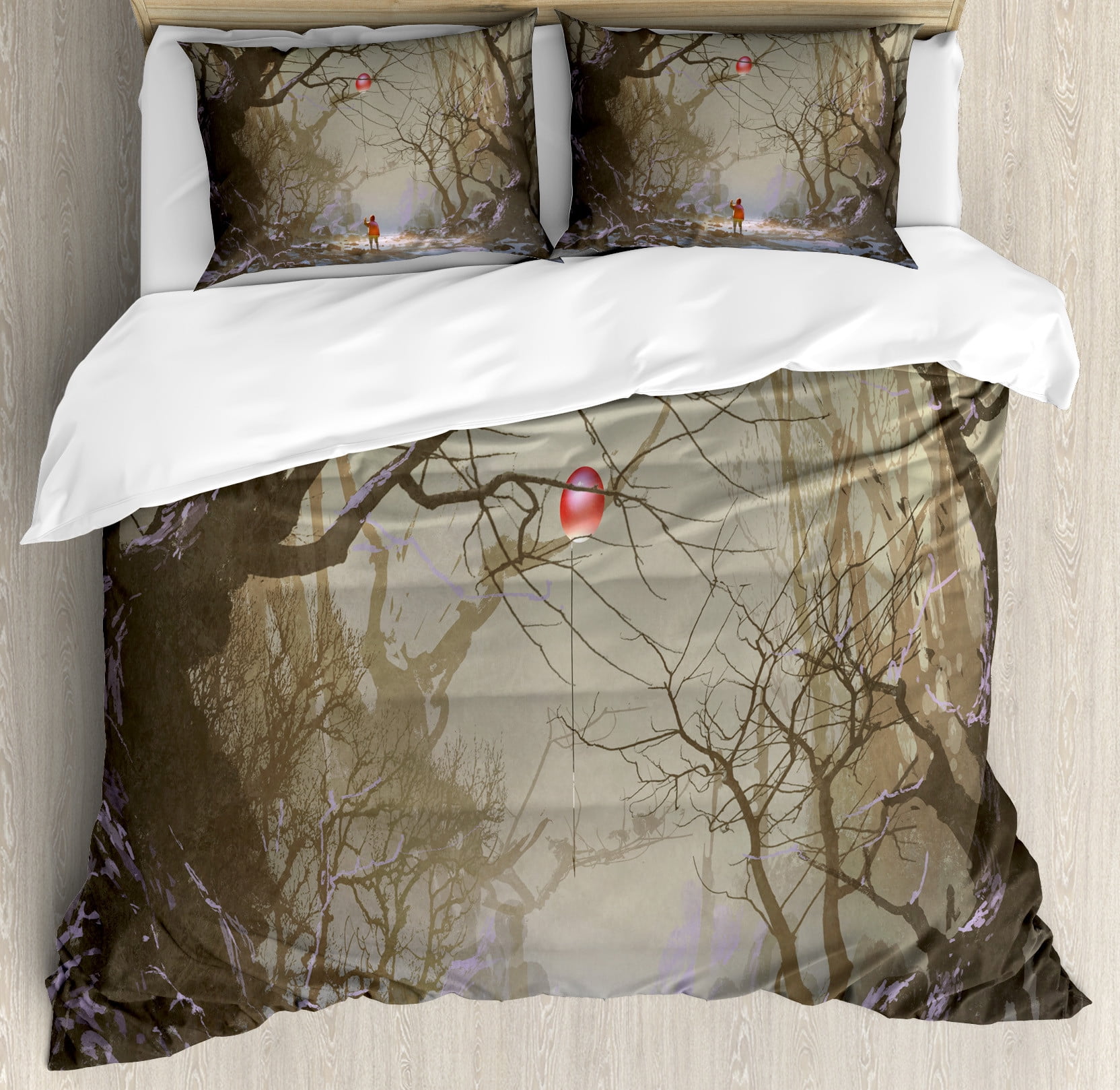 Fantasy Duvet Cover Set, Boy Looking up Red Balloon Stuck on Tree ...
