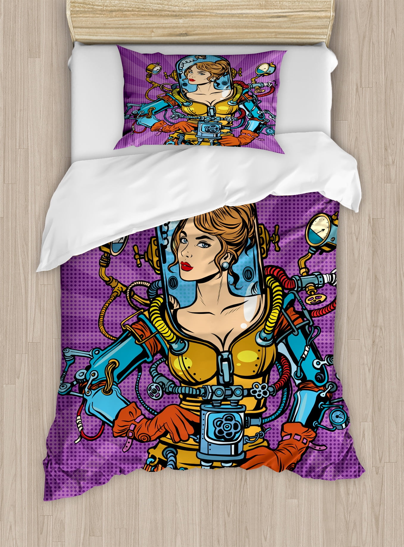 Fantasy Duvet Cover Set, Futuristic Super Hero Woman Space Astronaut ...
