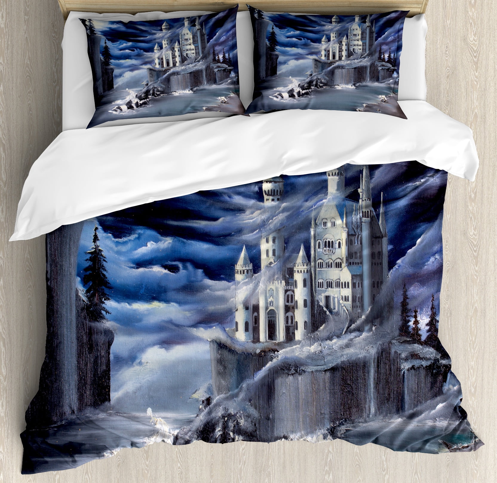 Fantasy Duvet Cover Set, Island with Castle Full Moon Cloudy Dramatic ...