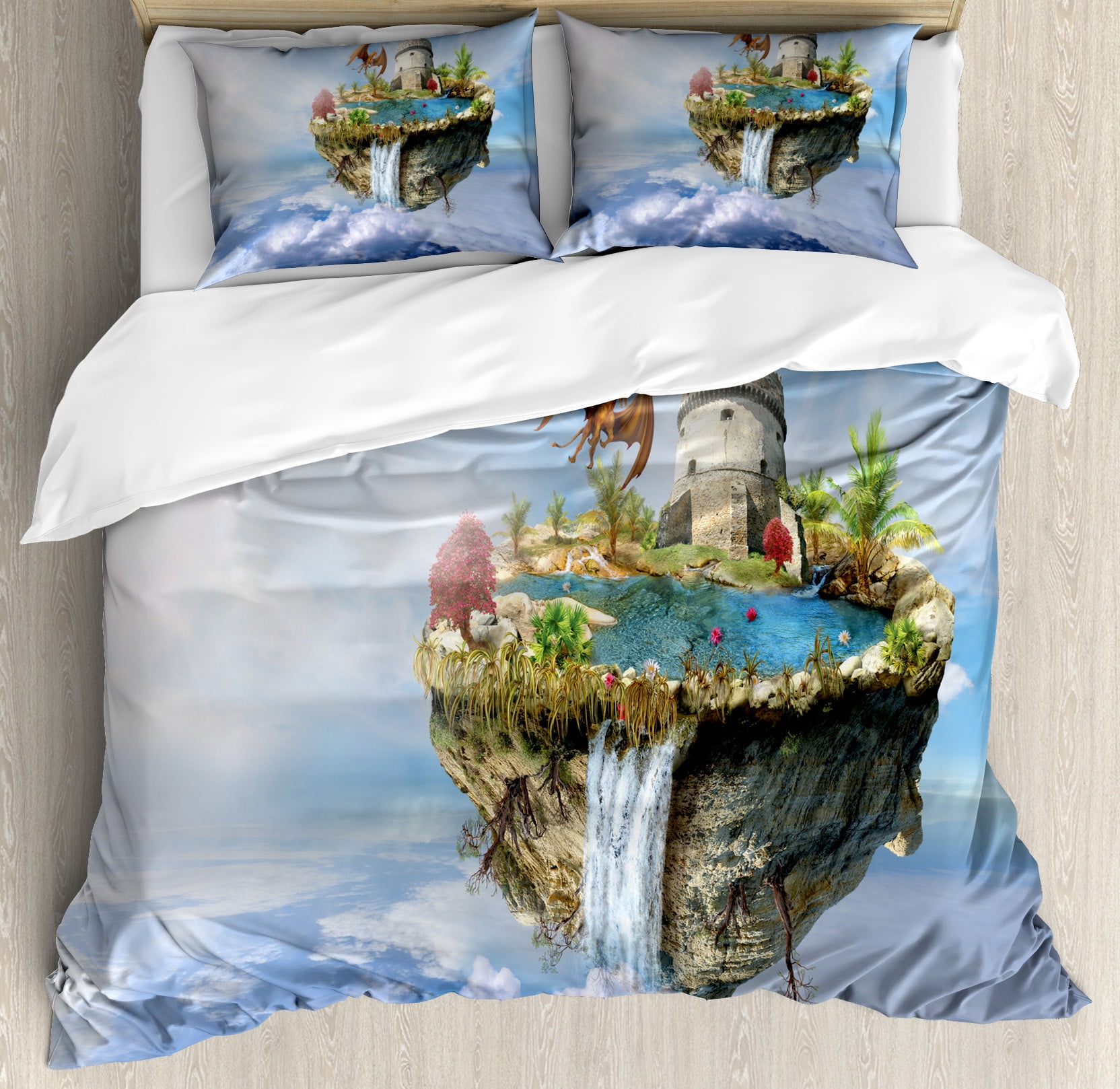 Fantasy Duvet Cover Set, Island with Dragon Castle Tower Waterfall and ...