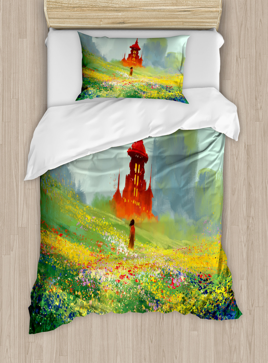 Fantasy Duvet Cover Set, Lady in Floral Field Meadow to Red Castle ...