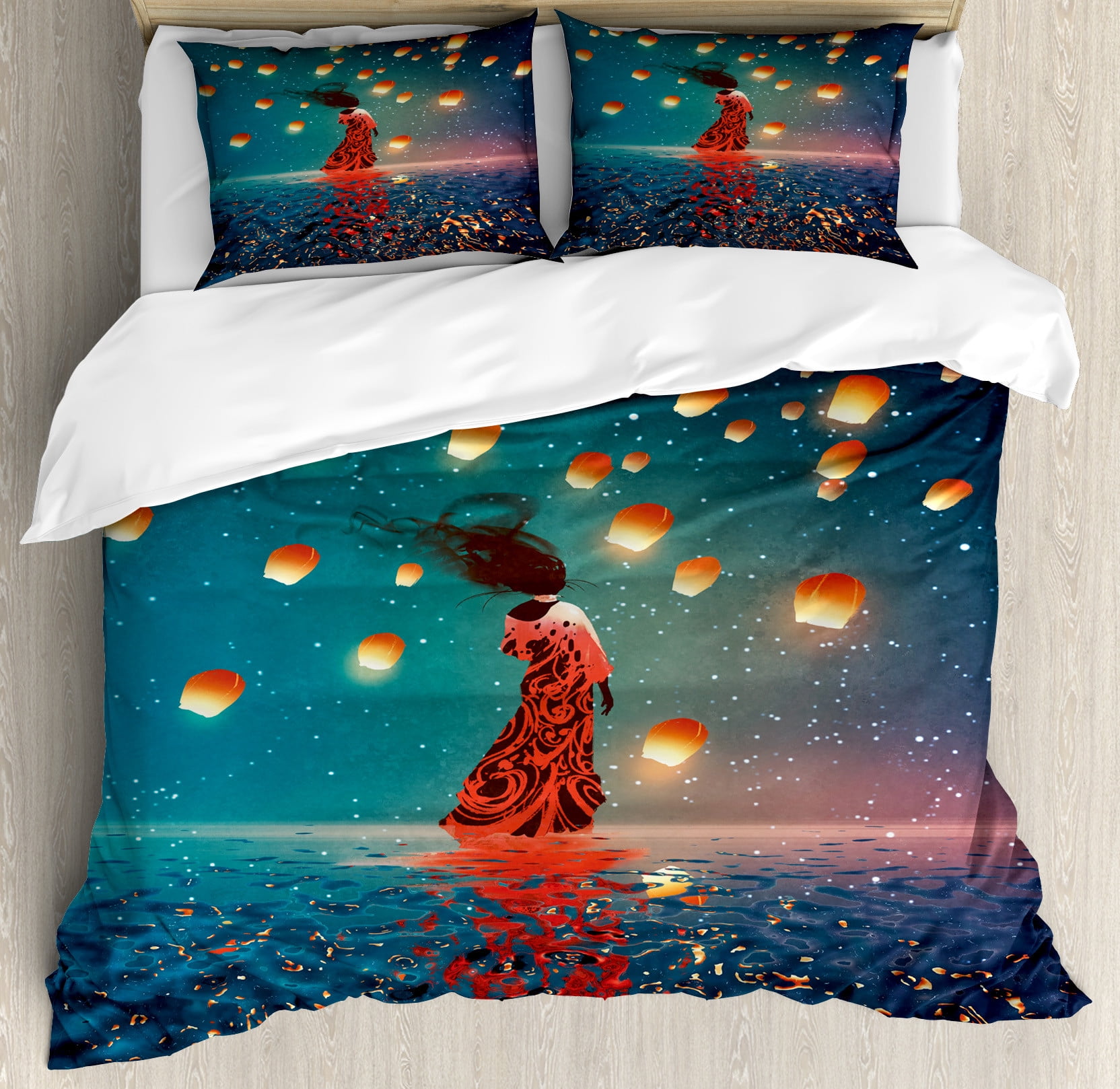 Fantasy Duvet Cover Set, Sorcerer Woman with Red Dress Standing on ...