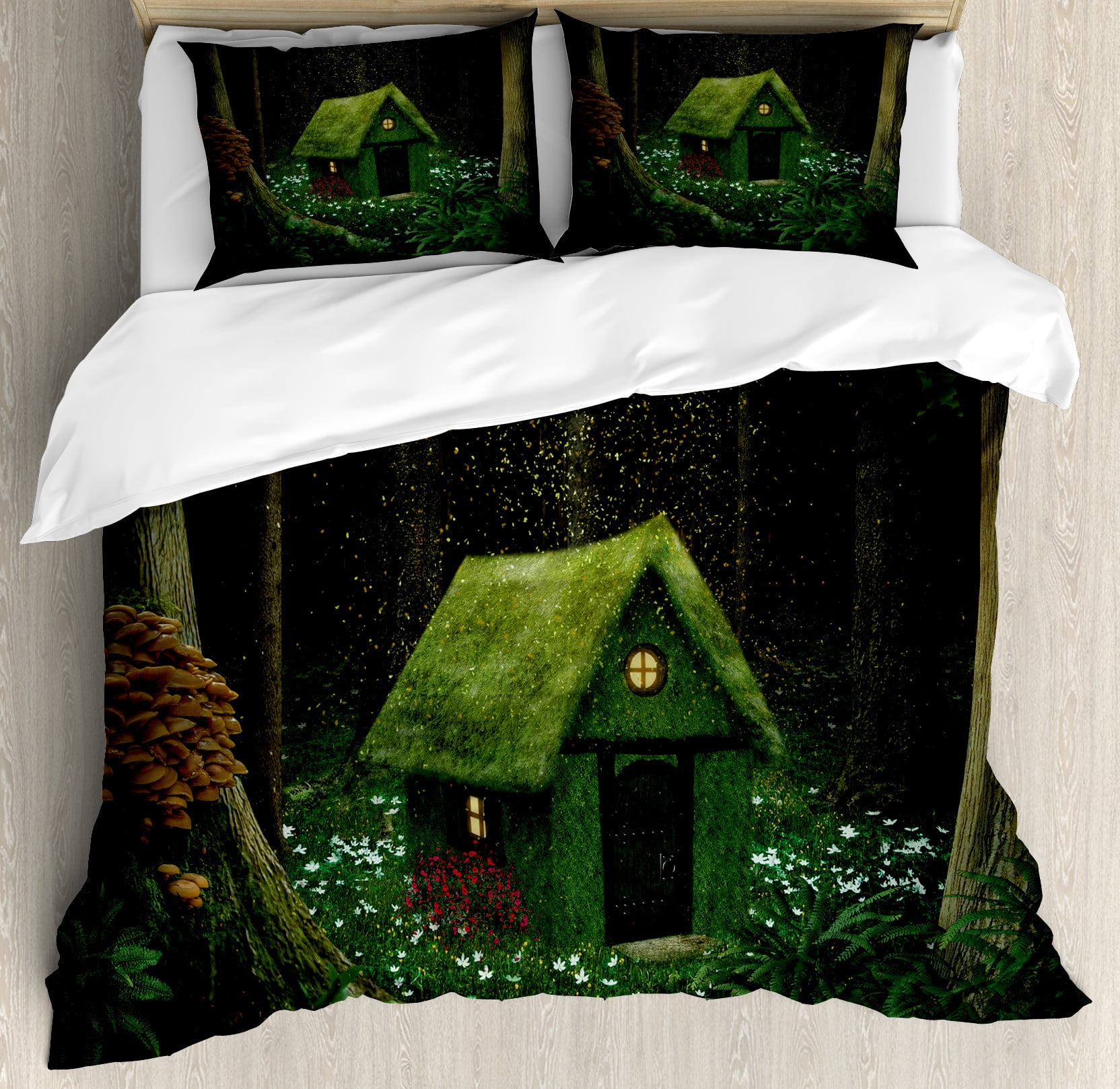 Fantasy Duvet Cover Set, Surreal Little Forest House in Moss Enchanted ...