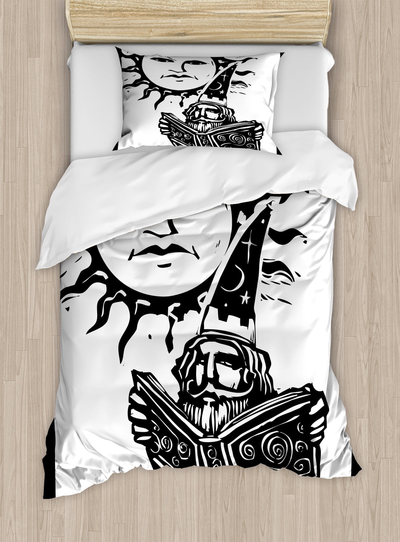 Fantasy Duvet Cover Set, Wizard Reading Magic Book Beneath the Sun with ...