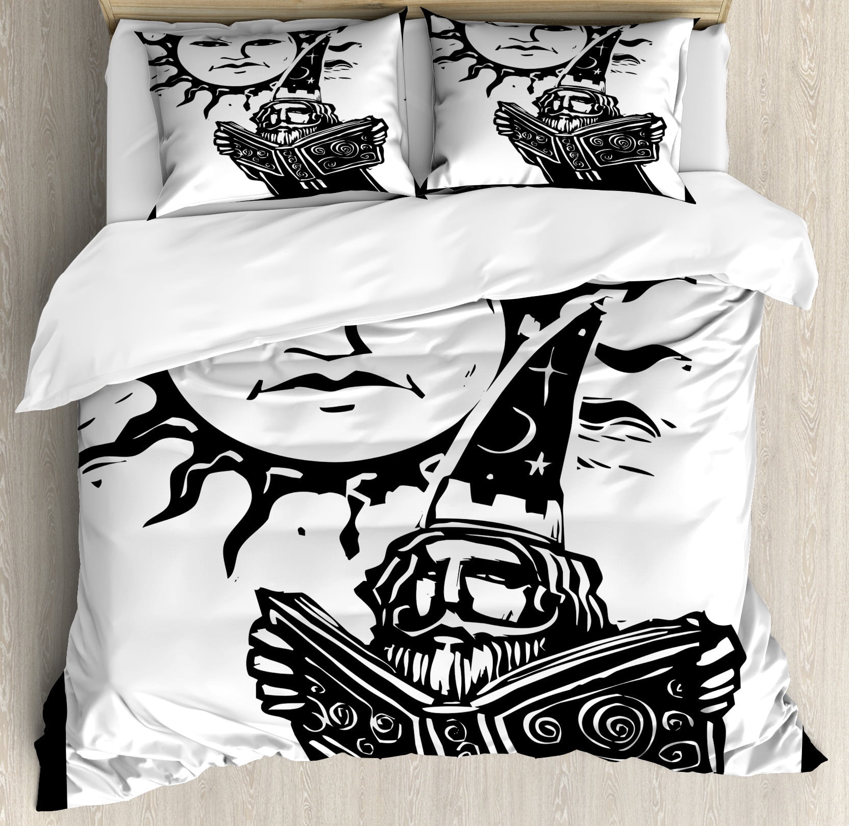 Fantasy Duvet Cover Set, Wizard Reading Magic Book Beneath the Sun with ...