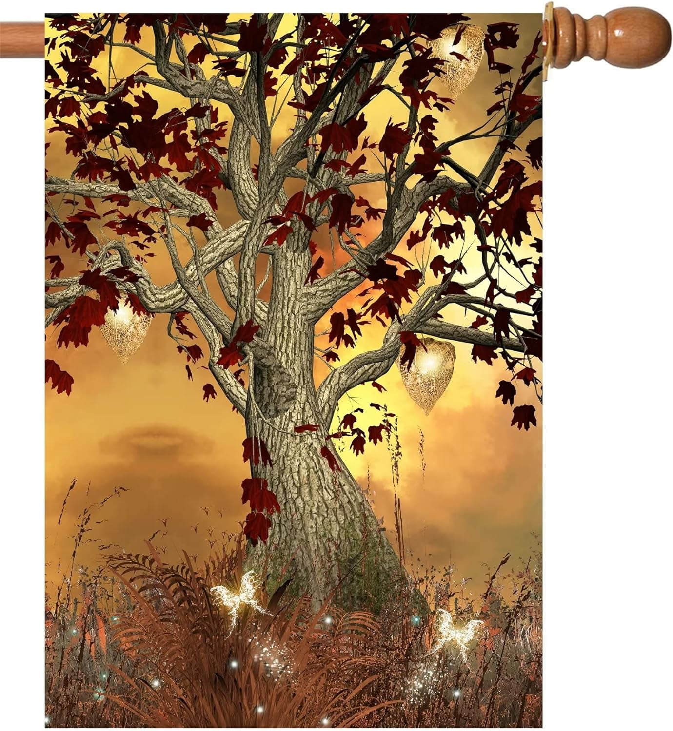 Fantasy Fairy Tales Tree Gold Sunset Butterflies Grass Autumn House ...