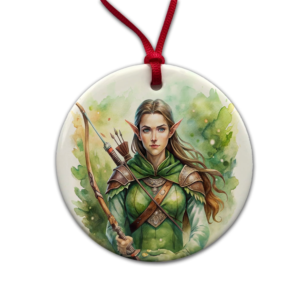 Fantasy Female Elven Ranger Watercolor Christmas Tree Holiday Round ...