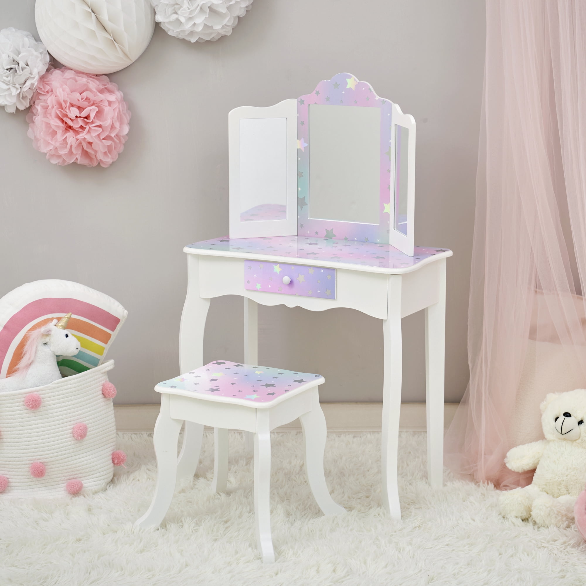 Fantasy Fields Gisele Starry Sky Wooden Kids Play Vanity Set with Tri ...