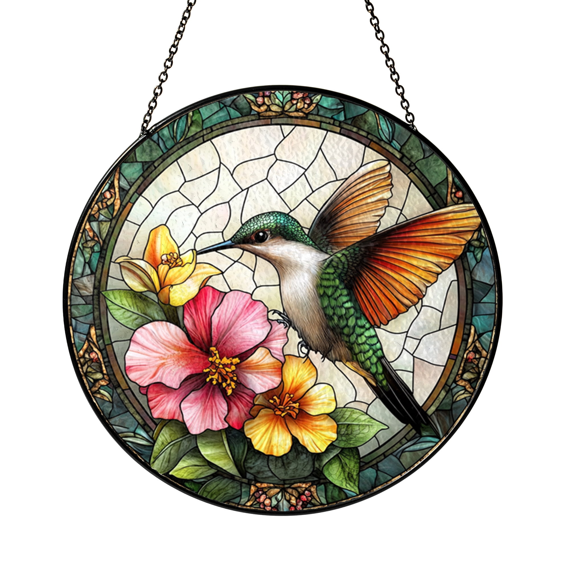 Fantasy Floral Hummingbird Stained Glass Style Suncatcher, Colorful ...
