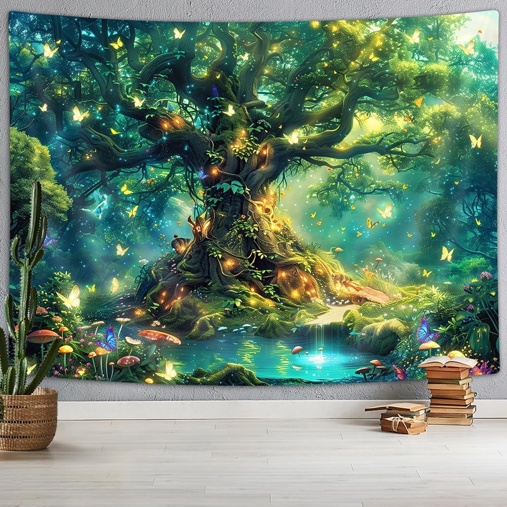 Fantasy Forest Nature Tapestry, Green Fairy Magical Tree Life Tree ...