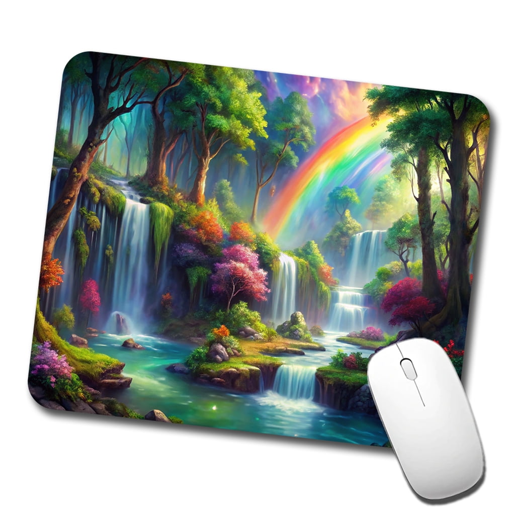 Fantasy Forest Rainbow Waterfalls Watercolor Mouse Pad Low Profile ...