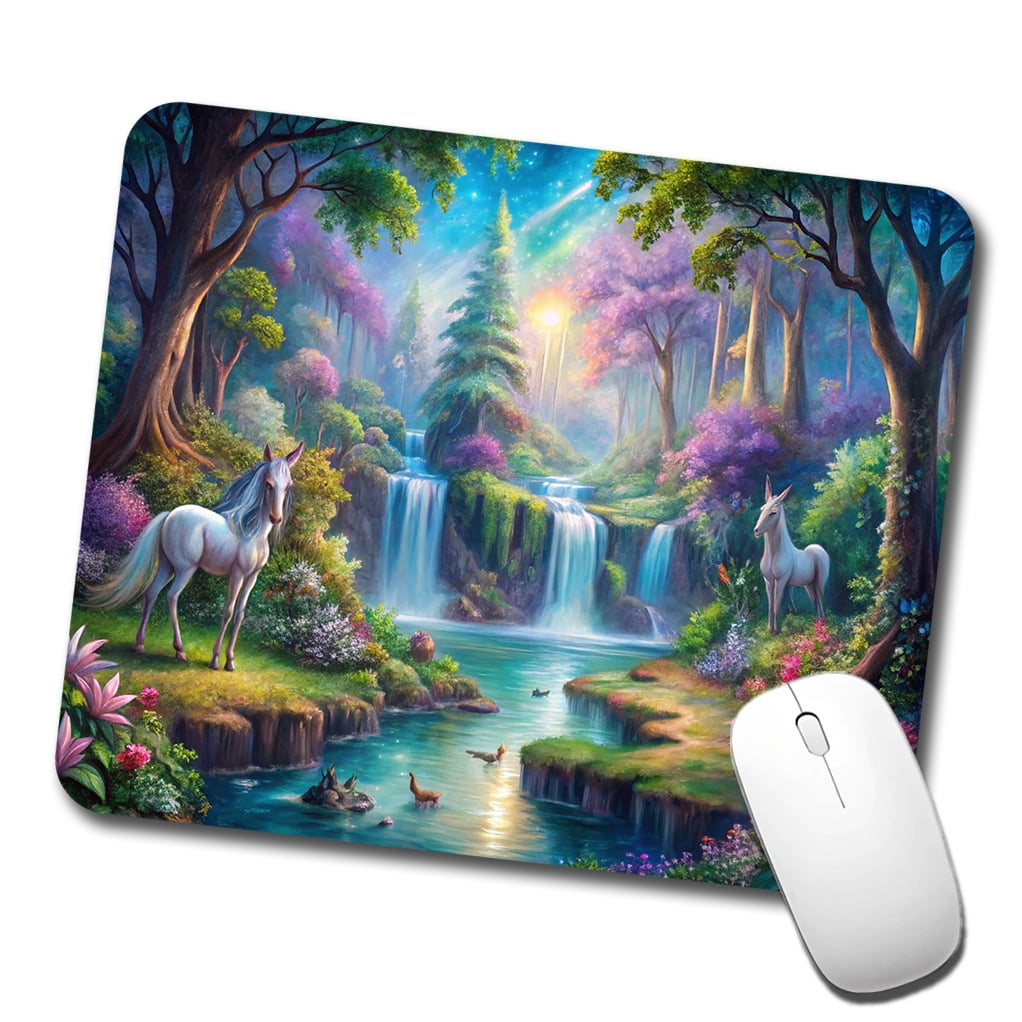 Fantasy Forest Waterfalls and White Horses Watercolor Mouse Pad Low ...