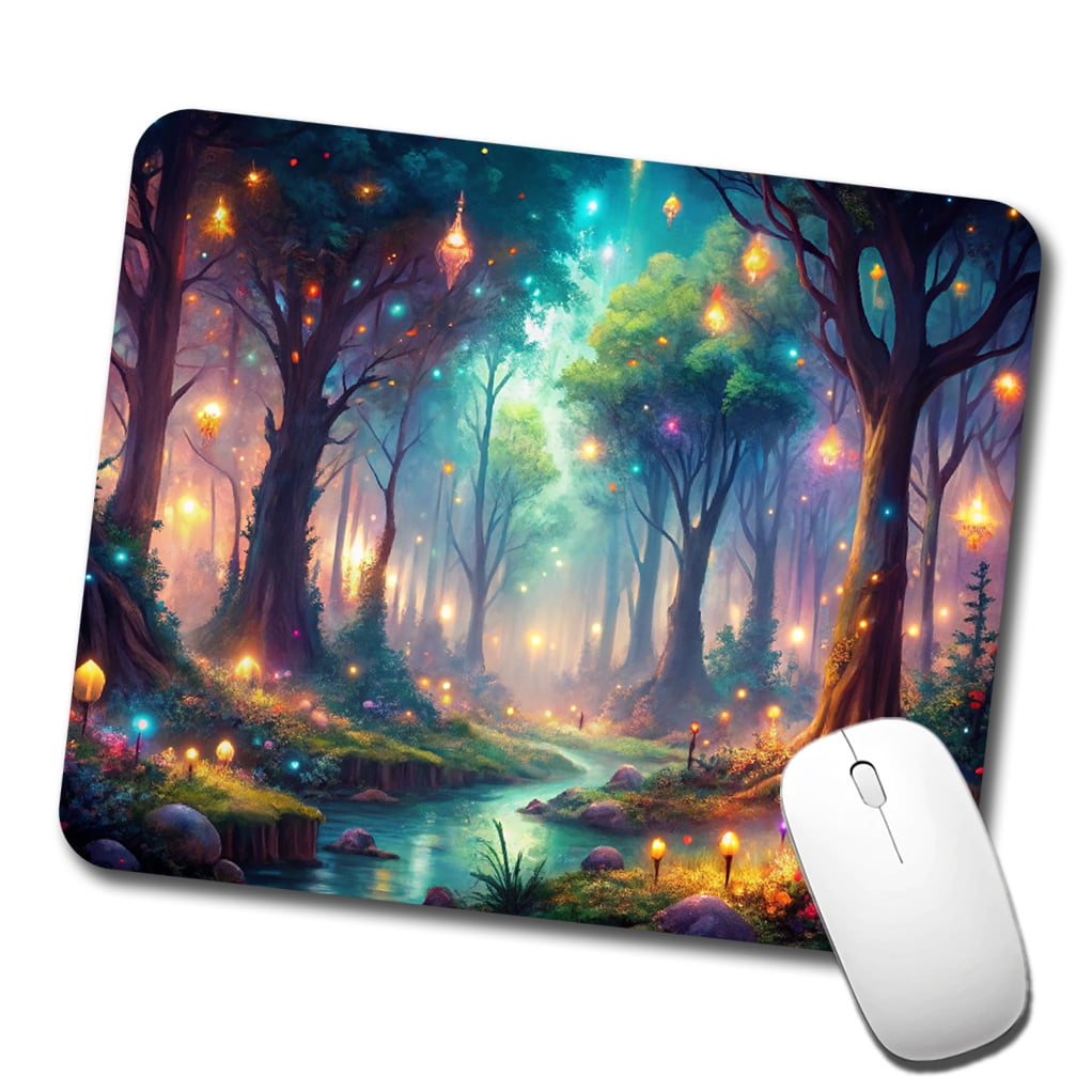 Fantasy Forest With Glowing Sprites Fae Spirits Watercolor Mouse Pad ...