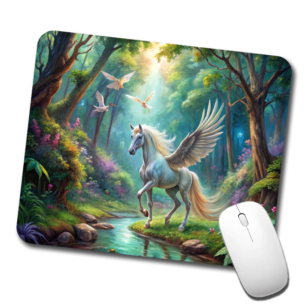 Fantasy Forest With Pegasus Winged-stallion Watercolor Mouse Pad Low ...