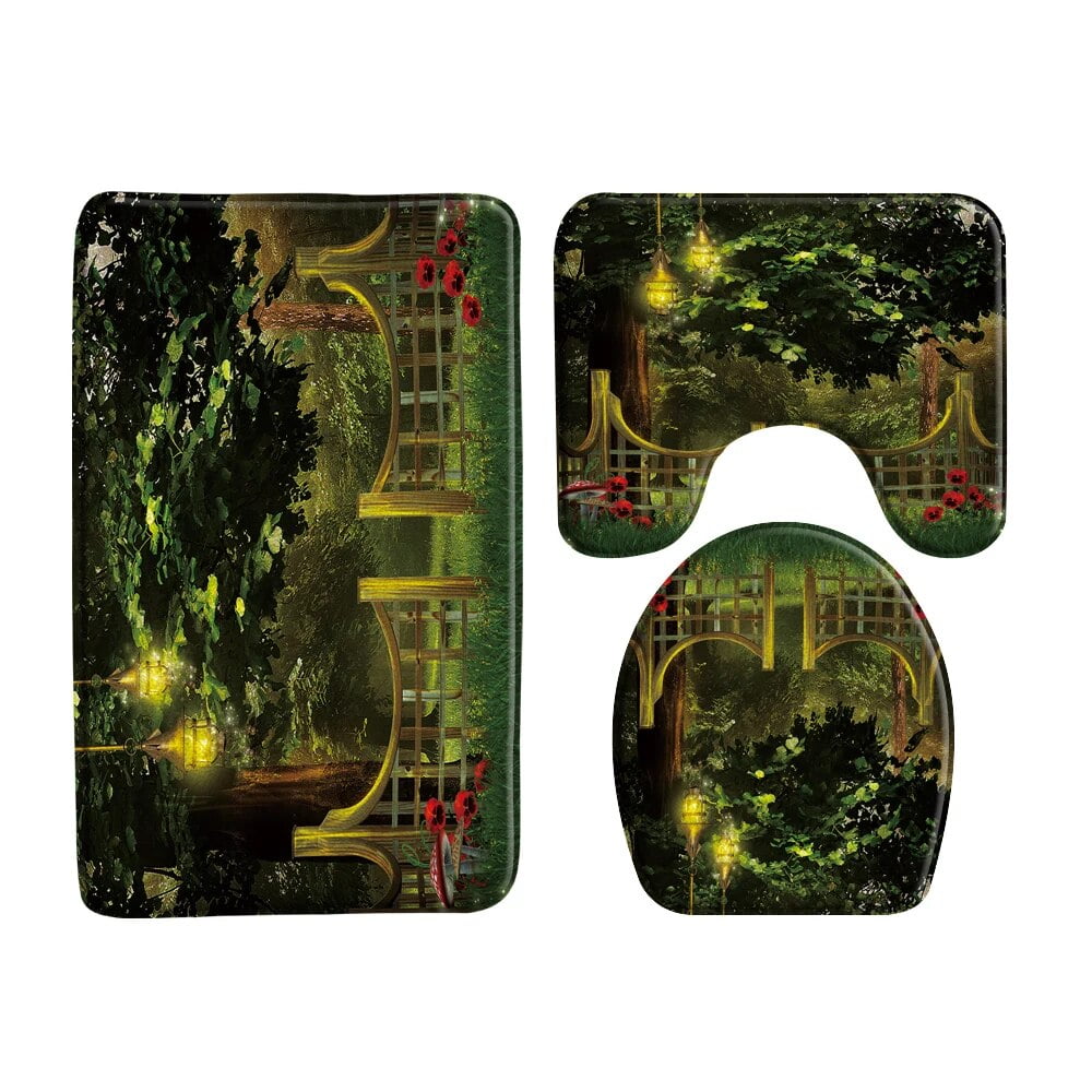 Fantasy Forest Wooden Door Bath Mat 3 Piece Set Scenery Bathroom Rugs ...