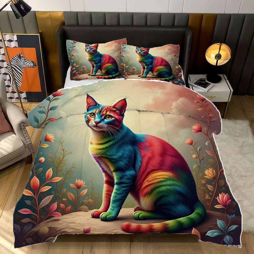 Fantasy Harlequin Cats Flower Comforter Set Queen Size Bedding Set For ...
