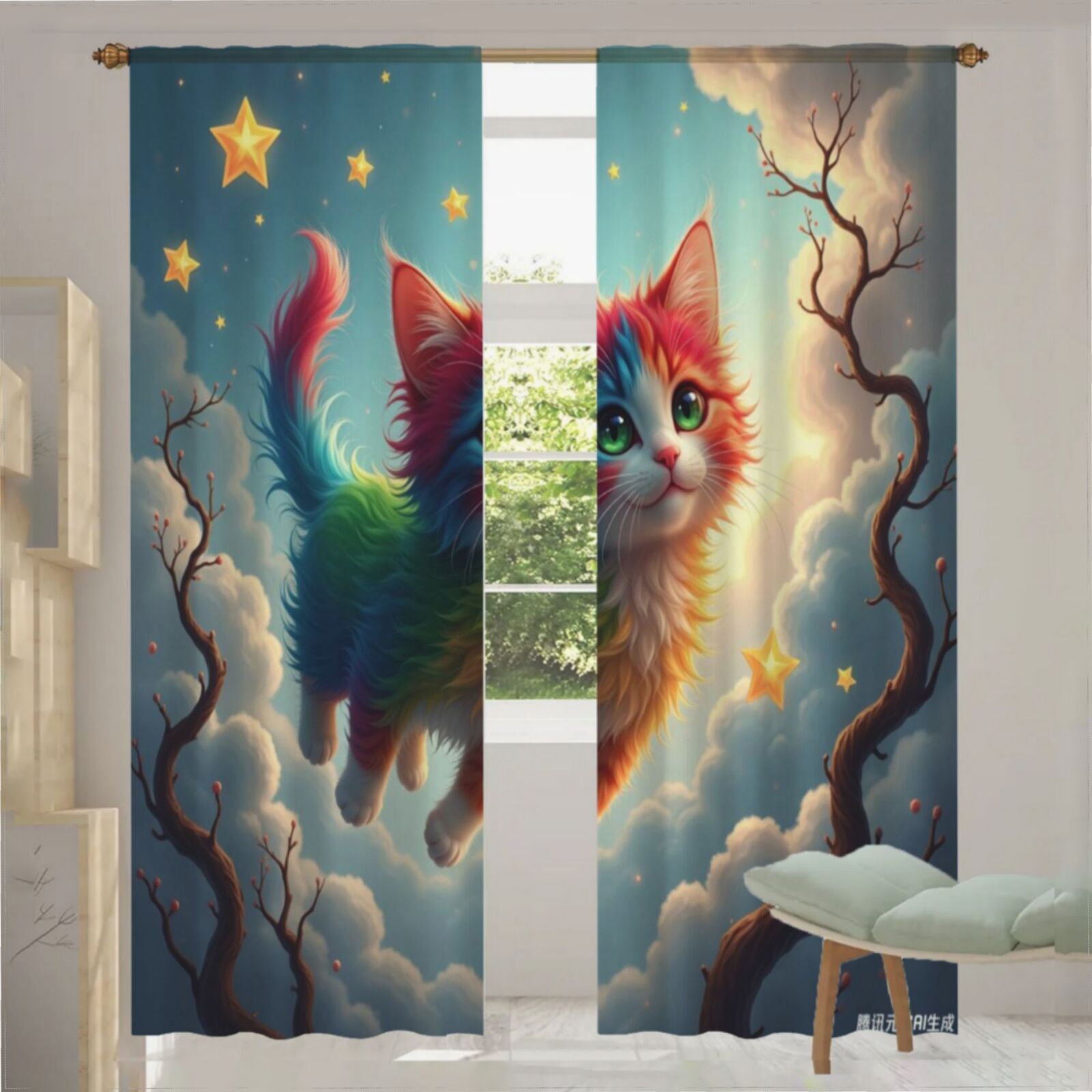 Fantasy Harlequin Cats Flying Tulle Sheer Window Curtains For Living ...