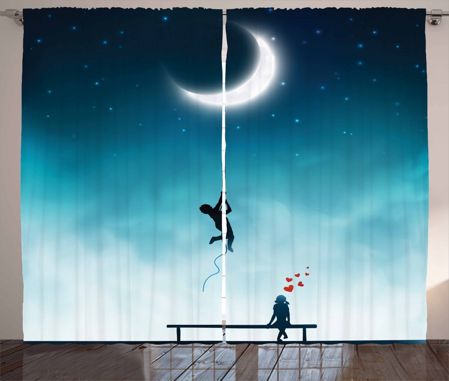 Ambesonne Teal Curtains 2 Panel Set, Lover Climbing to the Moon, 108" x ...