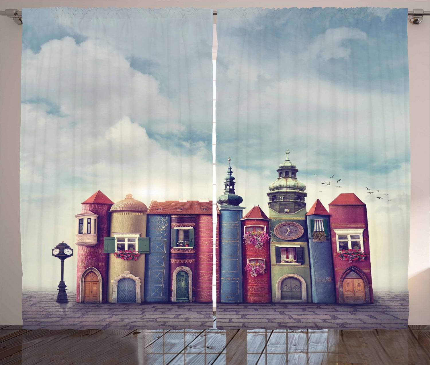Ambesonne Fantasy Curtains 2 Panel Set, City of Old Books Birds, 108" x ...