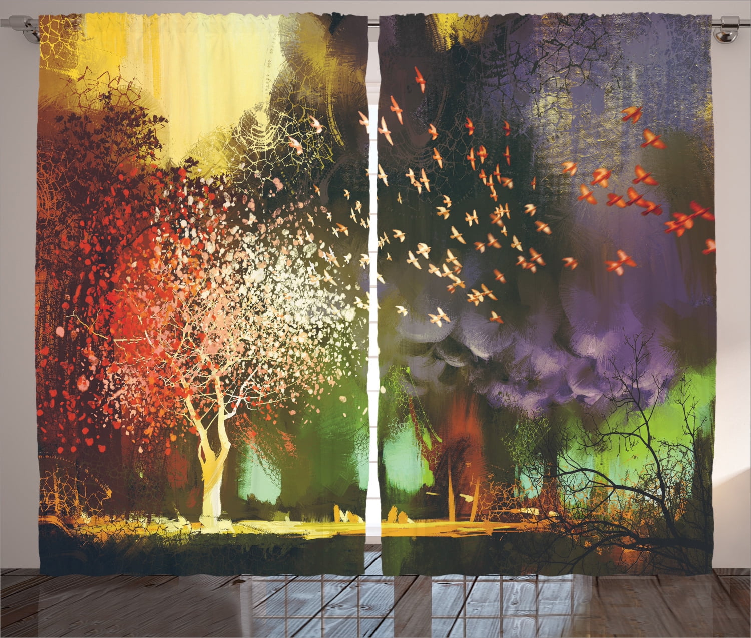 Ambesonne Fantasy Curtains 2 Panel Set, Mysterious Trees Birds, 108" x ...