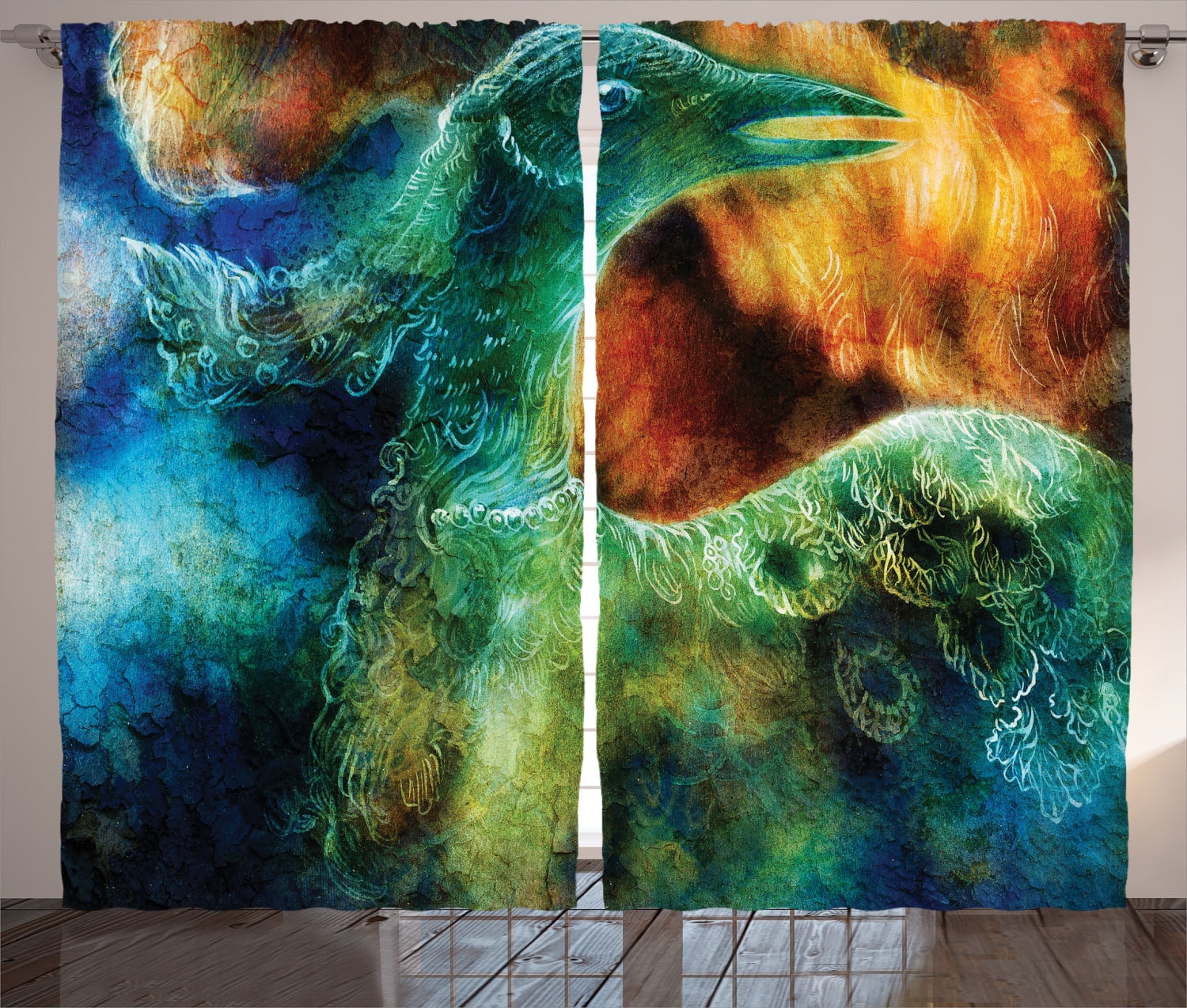 Ambesonne Colorful Curtains 2 Panel Set, Mythical Phoenix Birth, 108" x ...