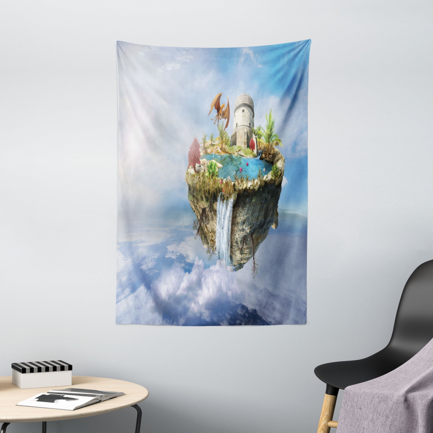 Fantasy House Decor Wall Hanging Tapestry, Island with Dragon Castle ...