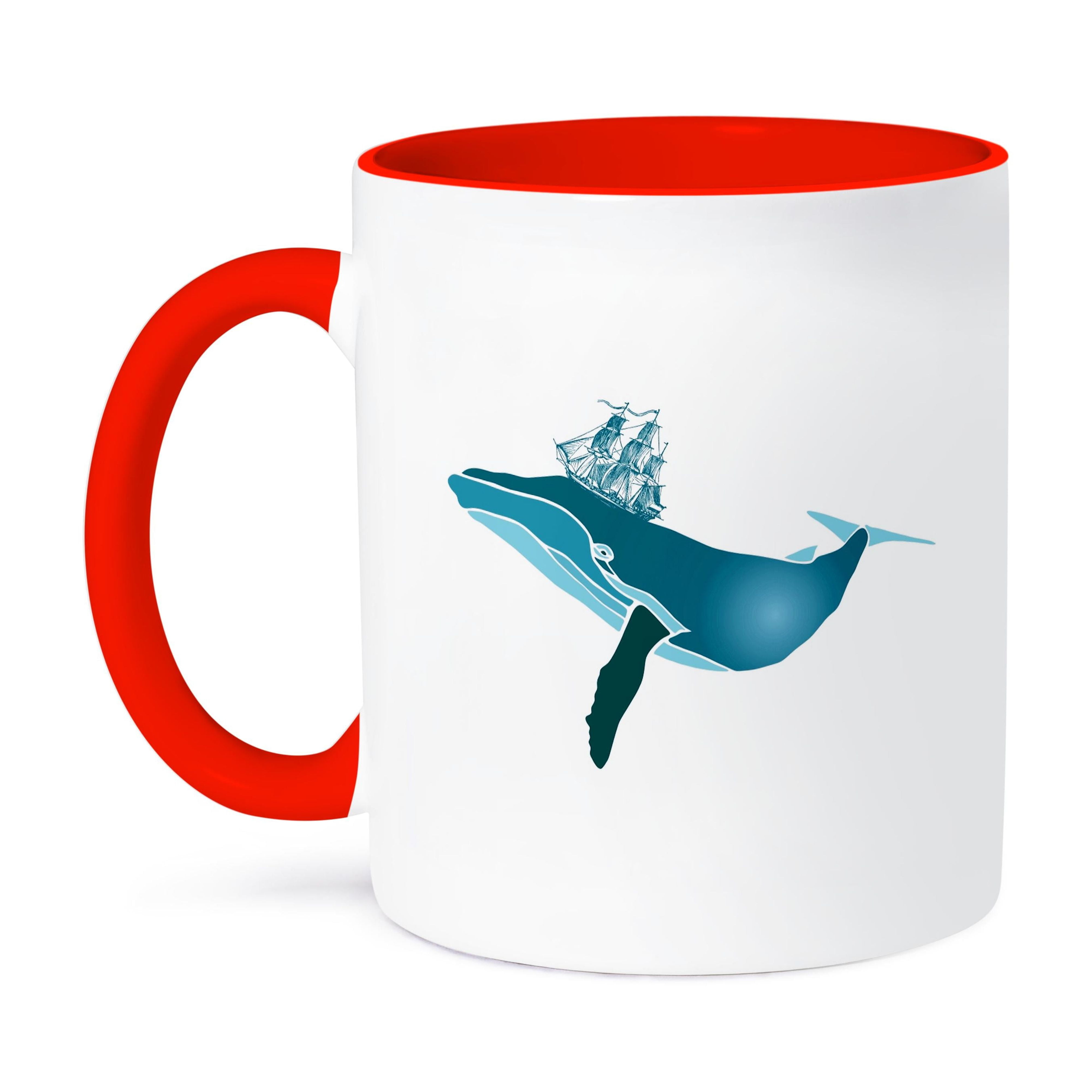 3dRose, Fantasy Image of Humpback Whale with Sailing Ship in Blue, 11oz Two-Tone Red Mug ...