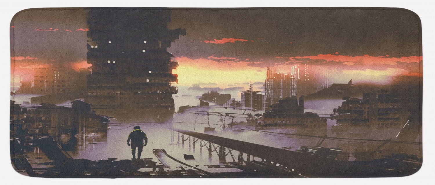 Fantasy Kitchen Mat, Science Fiction Abandoned City with Robot Walking ...
