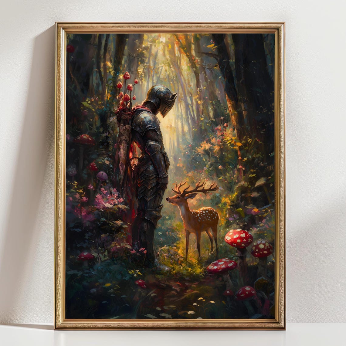 Fantasy Knight Deer Wall Art, Forestcore Mushrooms Print, Magical ...