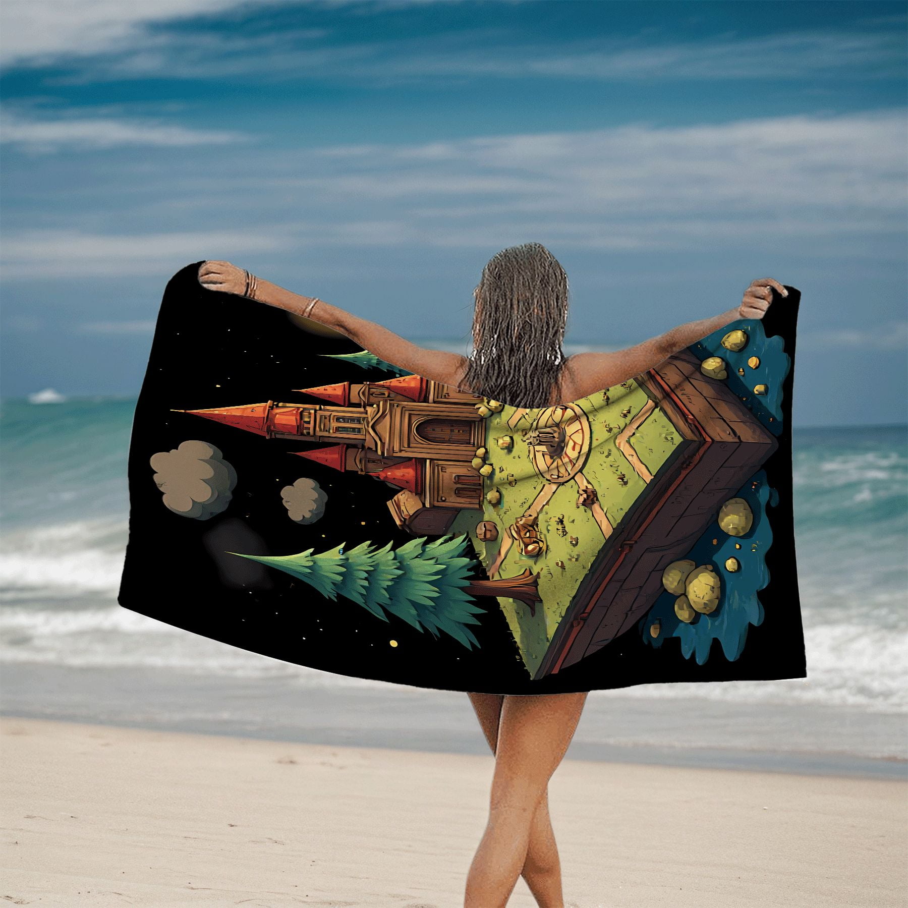 Fantasy Landscape Bath Towel - Floating Island Castle Design Trees ...