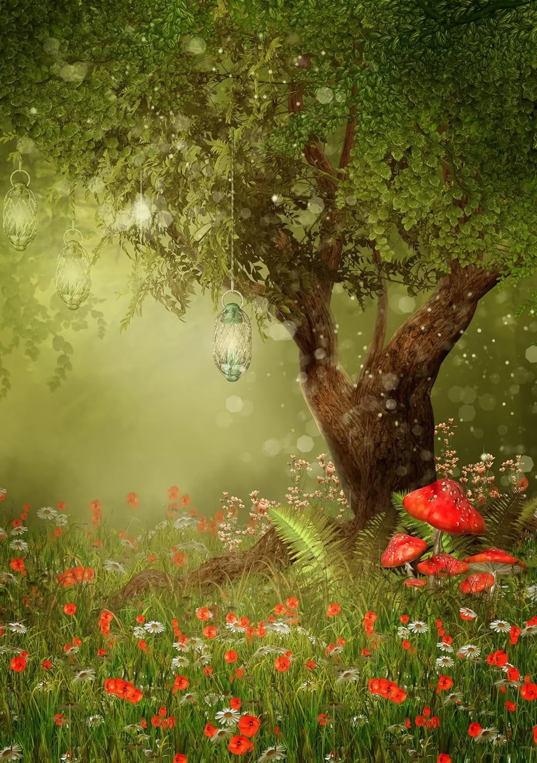 Fantasy Landscape with Magic Tree with Lanterns on a Poppy Meadow ...