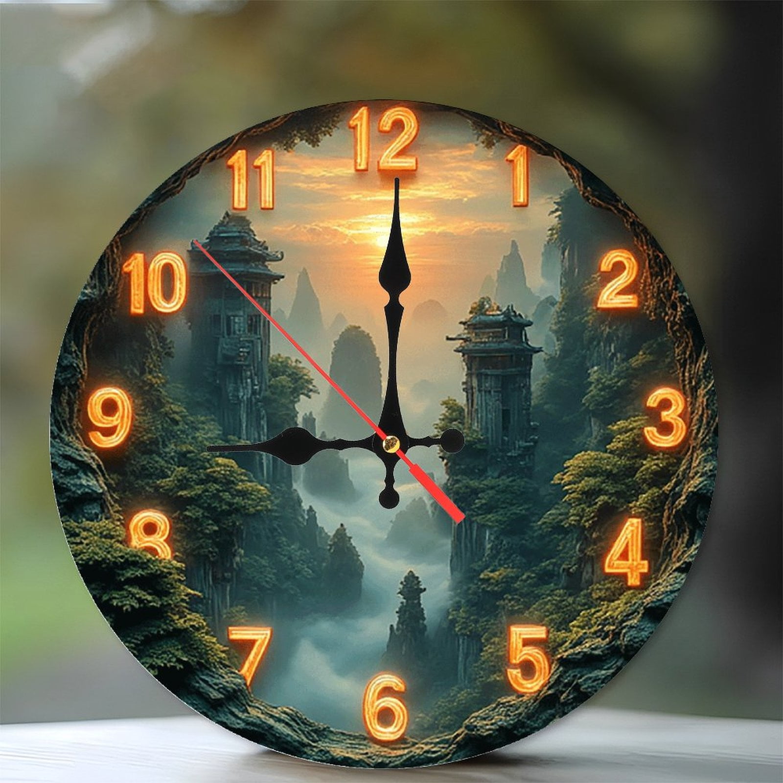 Fantasy Landscape Wall Clock Mountain Sunrise 10-Inch Silent Wooden ...