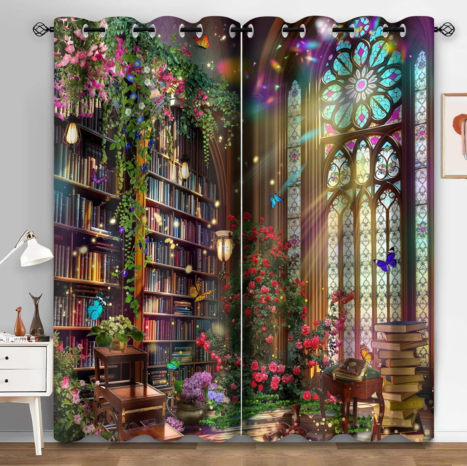 Fantasy Library Blackout Curtains Magic Book Bookshelf Butterfly Print ...