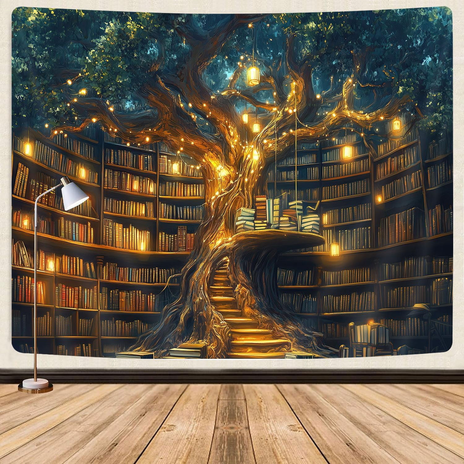 Fantasy Library Tapestry For Classroom, Mysterious Tree Magic Bookshelf ...