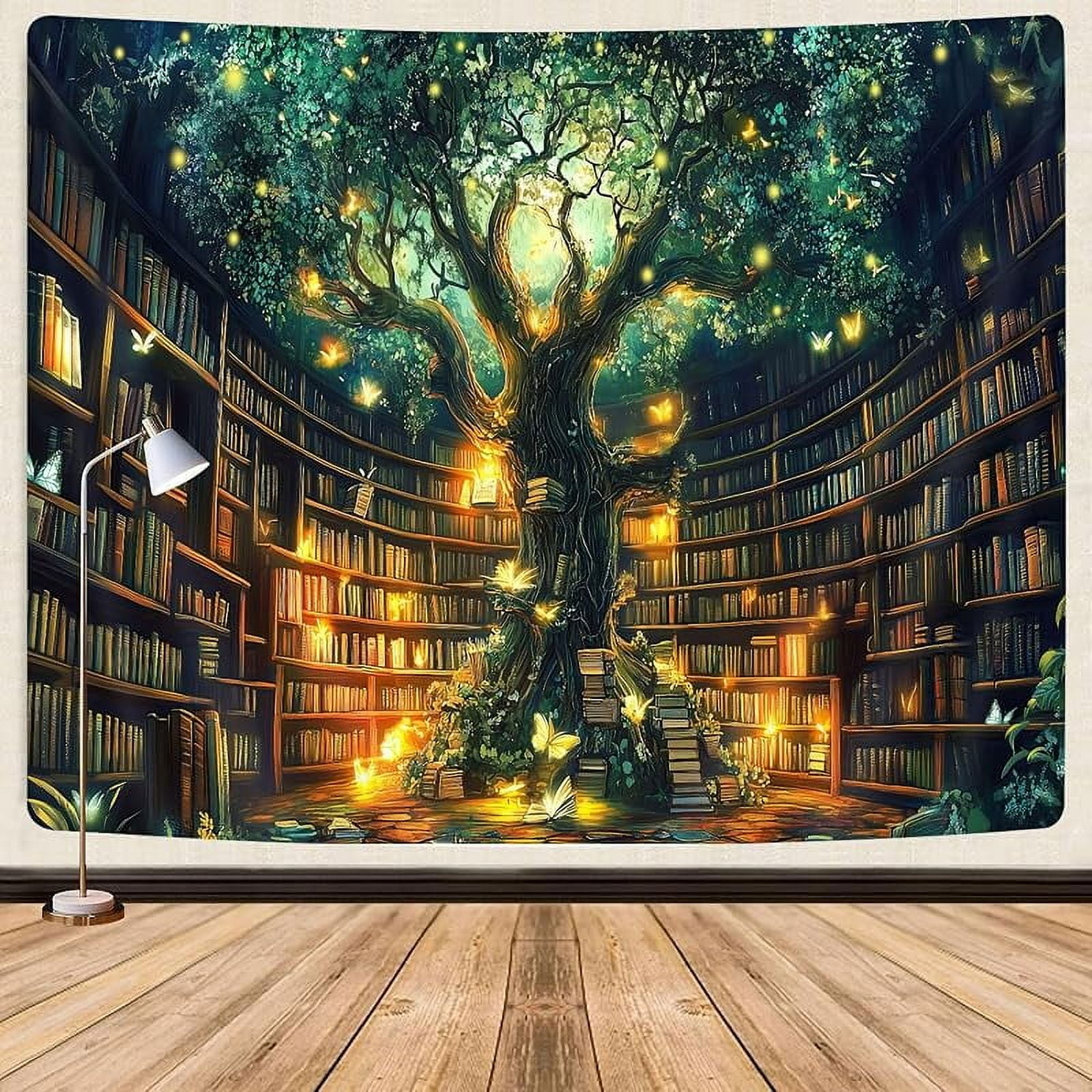 Fantasy Library Tapestry, Fairytale Tree Magic Bookshelf Aesthetic ...