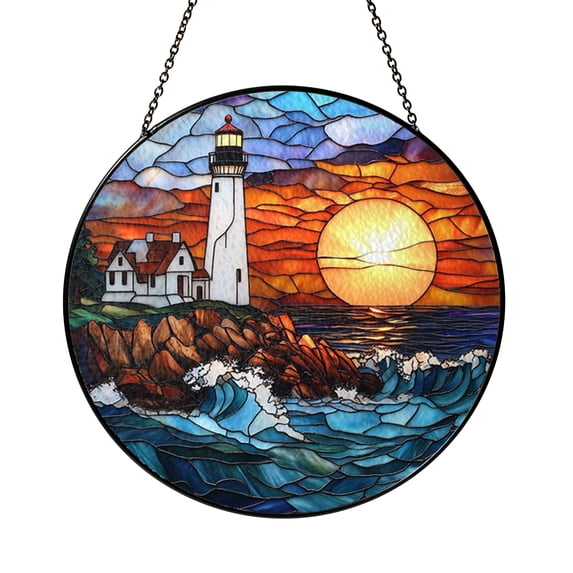 Fantasy Lighthouse Stained Glass Style Window Suncatcher, Ocean Scene ...