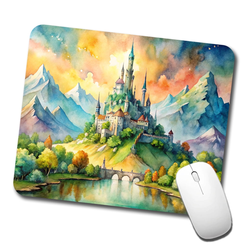 Fantasy Magical Castle On A Hill Watercolor Mouse Pad Low Profile ...