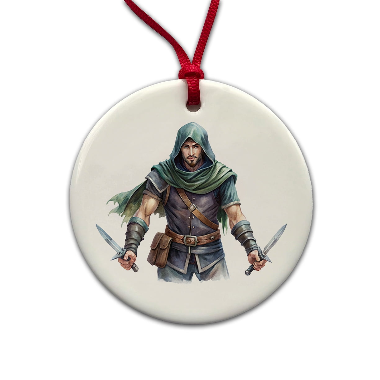 Fantasy Male Thief Rogue with Daggers Watercolor Christmas Tree Holiday ...