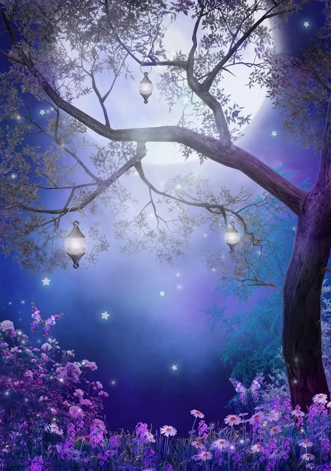 Fantasy Meadow with a Fairy Tree Lamps Daisy Flowers Moon and ...