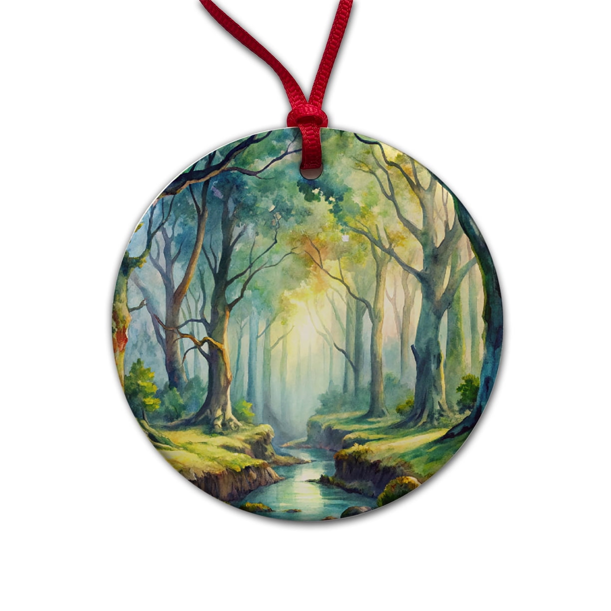 Fantasy Misty Forest Stream And Trees Watercolor Christmas Tree Holiday ...