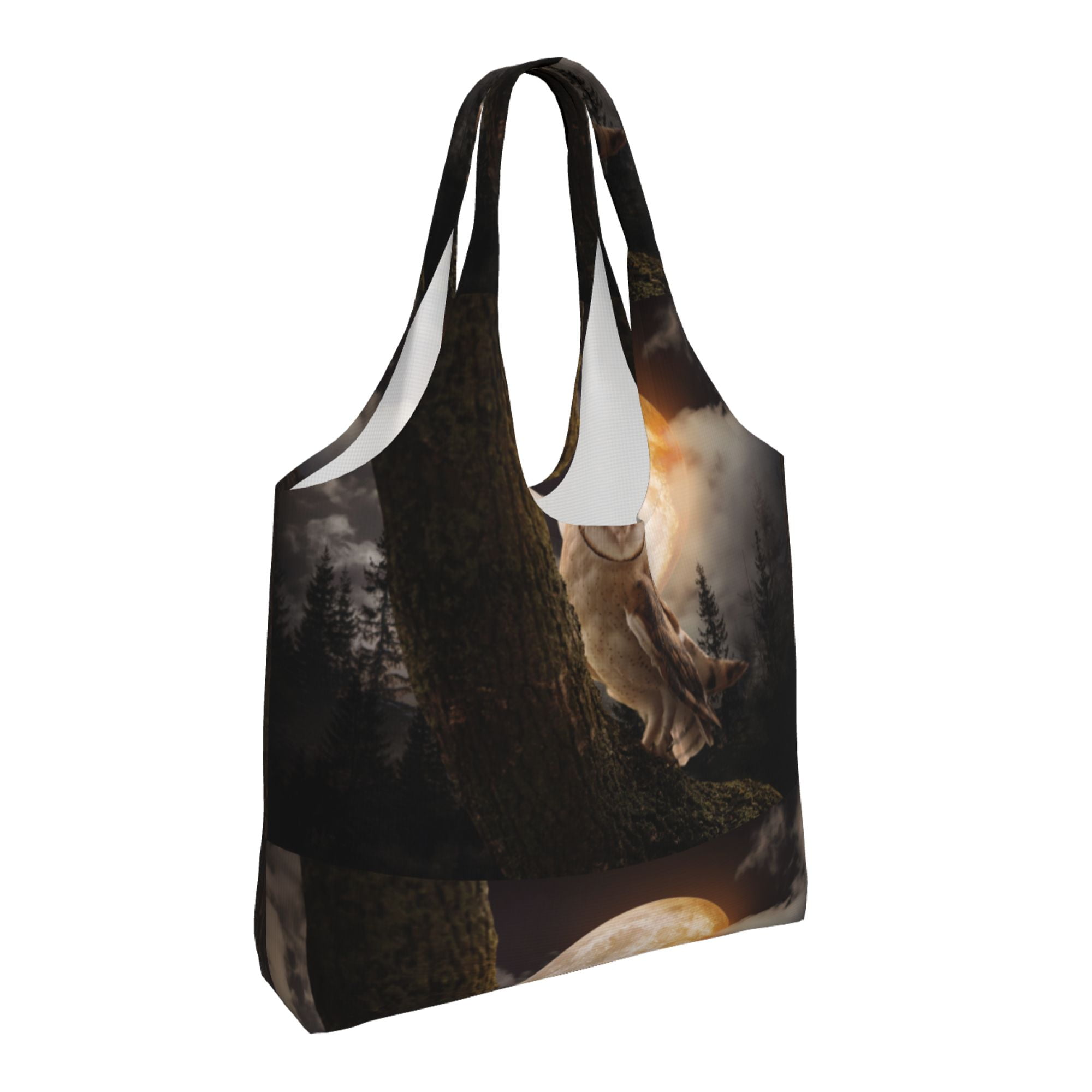 Fantasy Misty Forest Tree Owl Bird Full Moon Night1 Canvas Tote Pocket ...