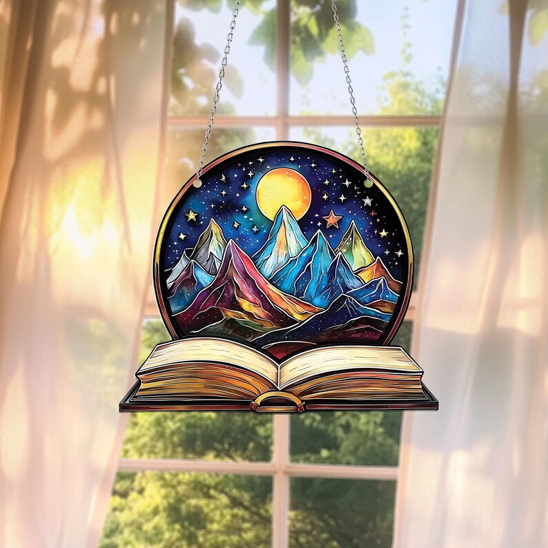 Fantasy Mountain Book Acrylic Window Hanging, Fantasy Reader Decor ...