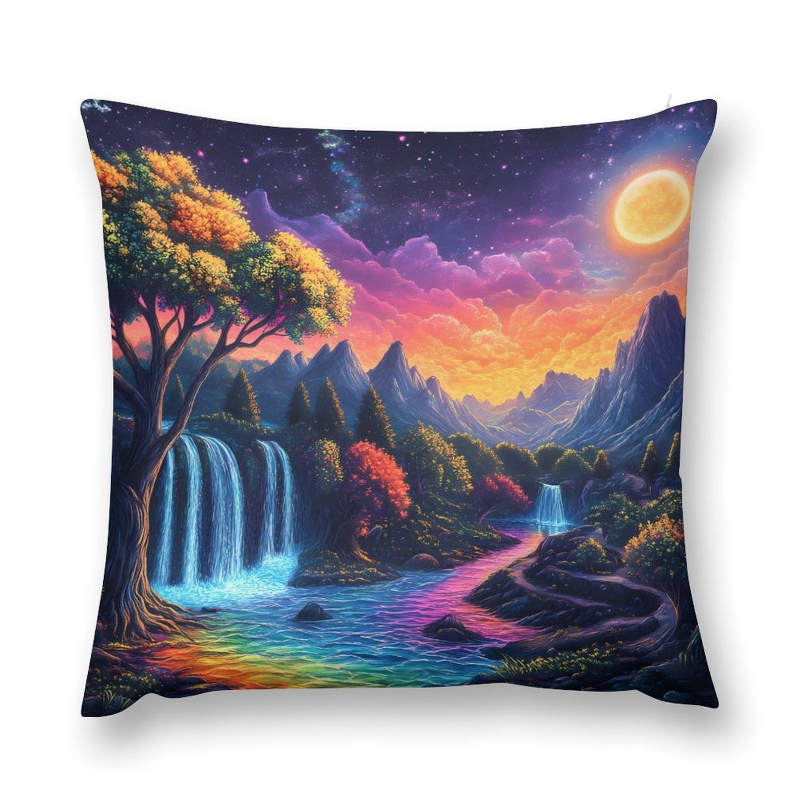 Fantasy Mountain Forest Waterfall Sunrise Landscape Throw Pillow Cases ...